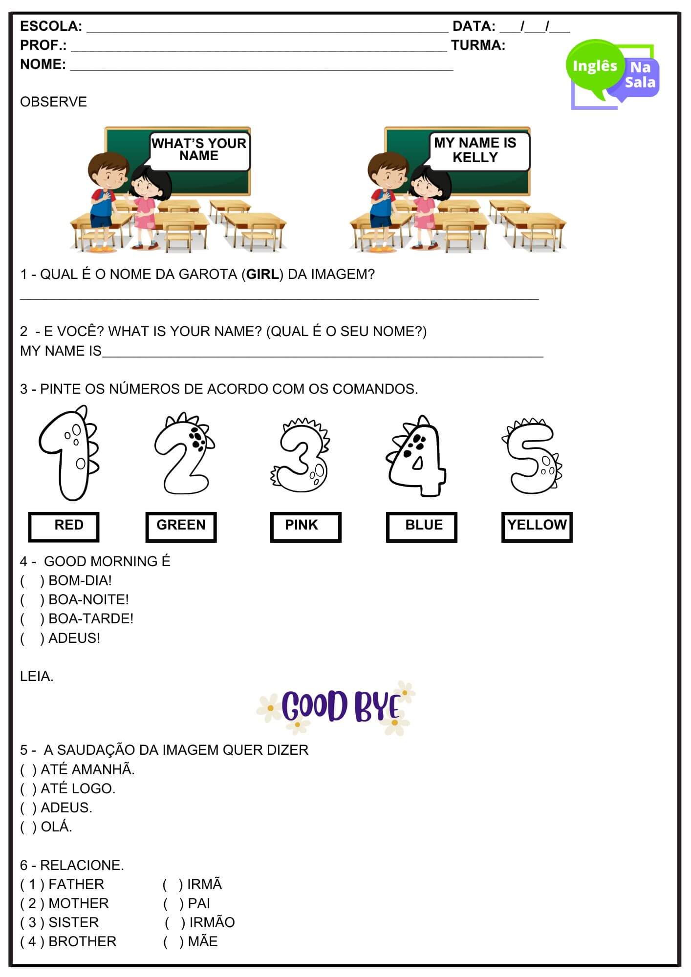 Avaliação de Inglês 2º Ano Ensino Fundamental - Inglês Na Sala