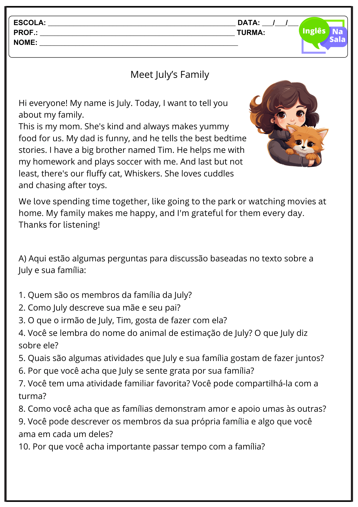 Texto Sobre Família em Inglês com Interpretação - Inglês Na Sala