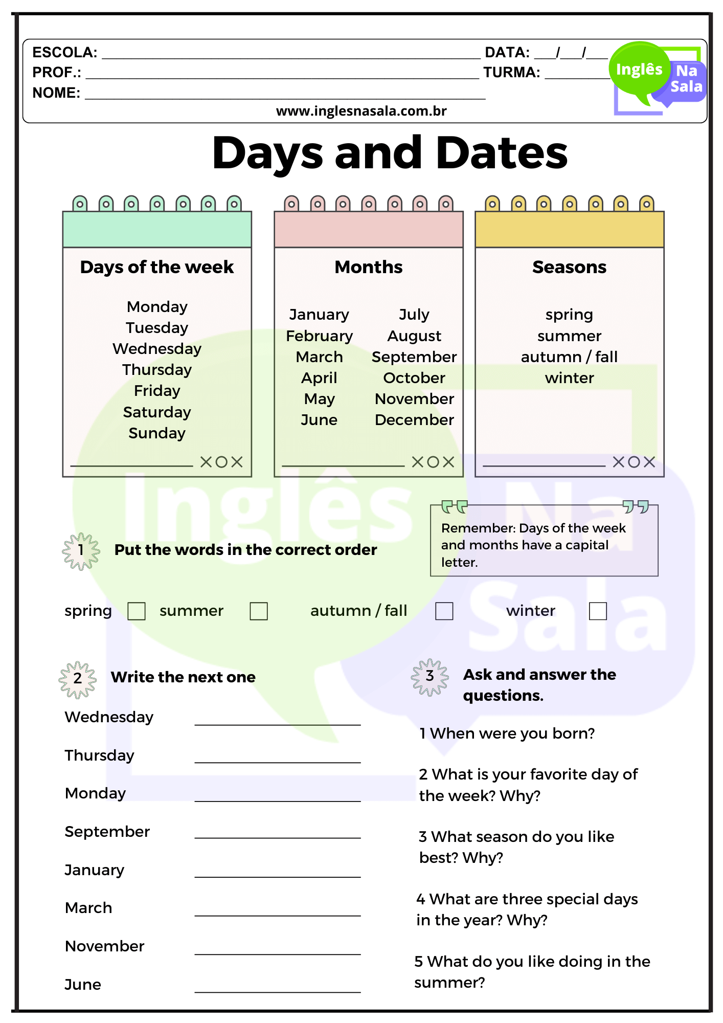 Days, Months, Parts of the Day, Seasons - Inglês Na Sala
