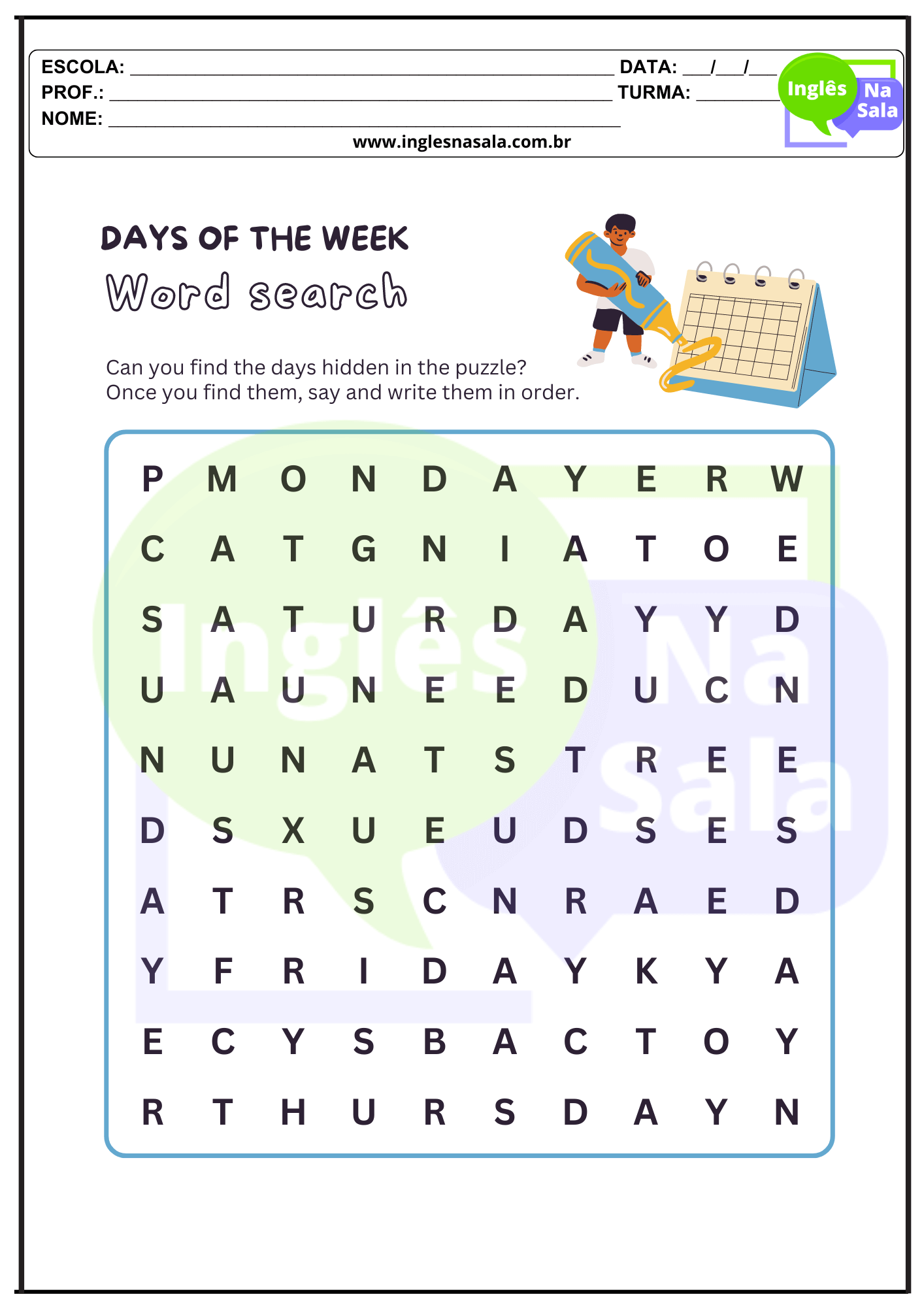 Days, Months, Parts of the Day, Seasons - Inglês Na Sala