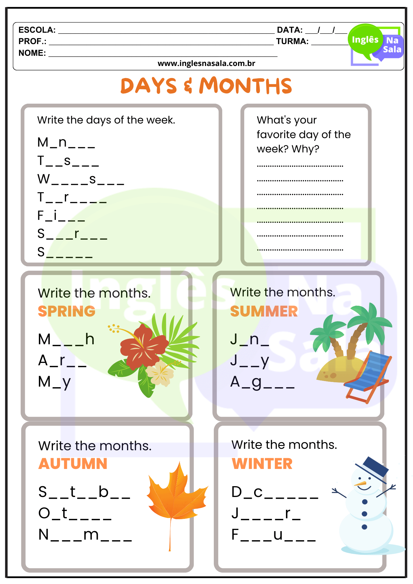 Days, Months, Parts of the Day, Seasons - Inglês Na Sala