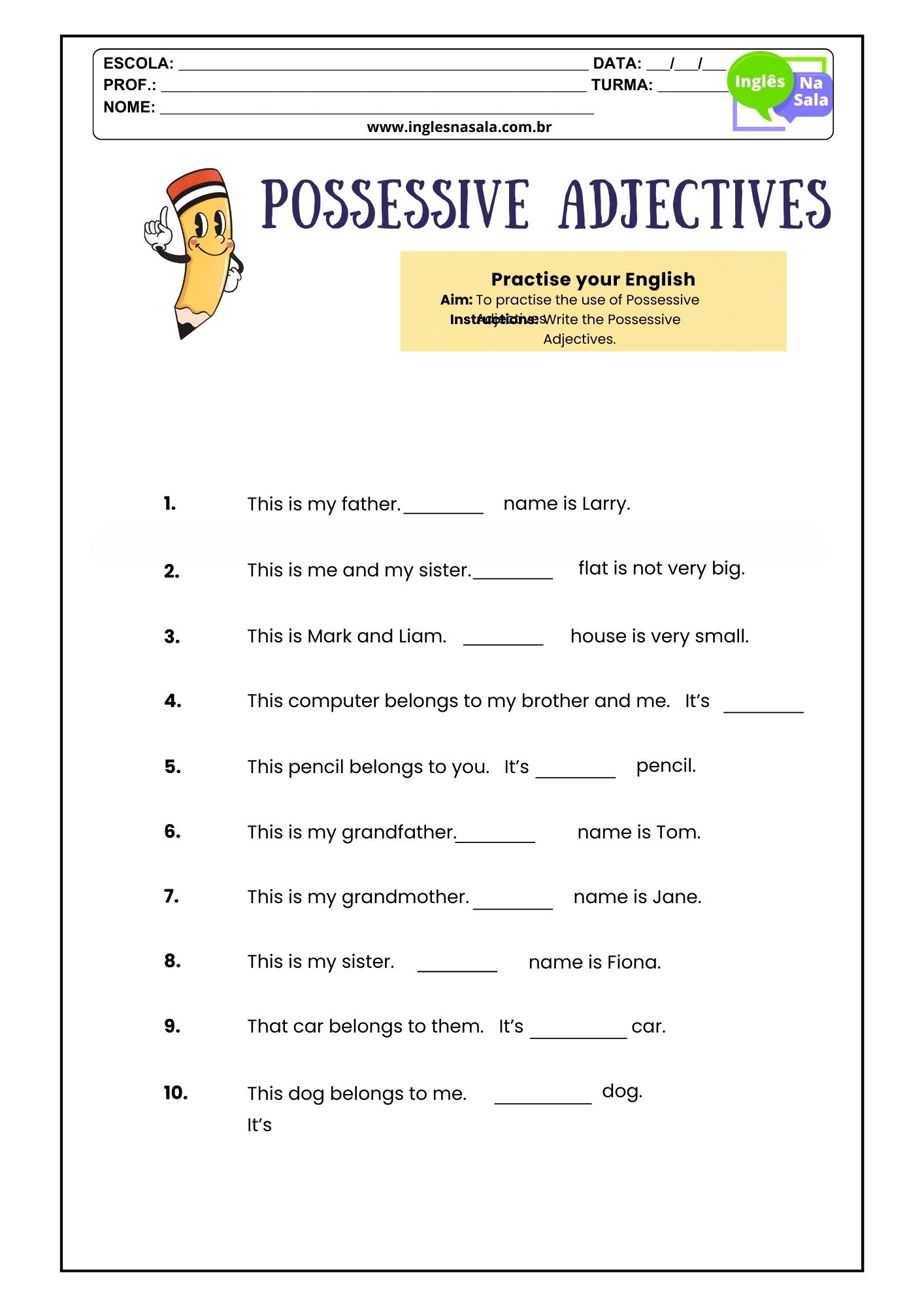 Possessive Adjectives Exercises - Inglês Na Sala