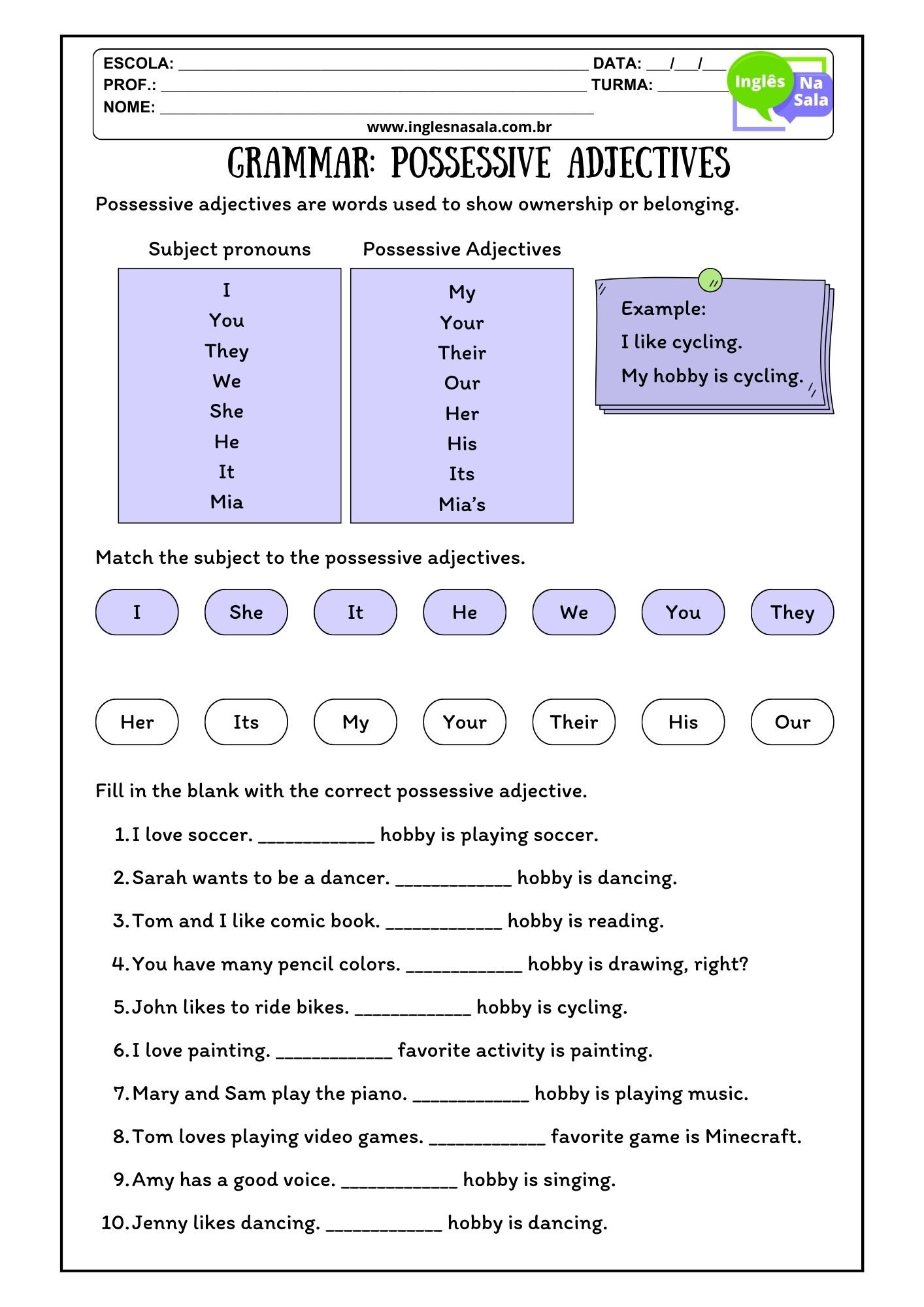 Possessive Adjectives Exercises - Inglês Na Sala